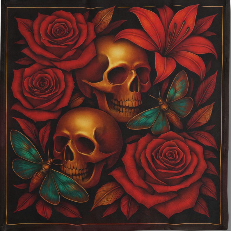 Gothic Skull and Roses Altar Cloth, Dark Red Floral Moth Tapestry ...