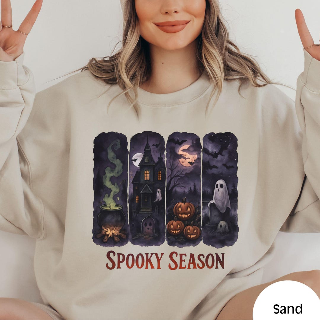 Halloween Sweatshirt, Brushstroke Design Haunted House, Ghosts ...