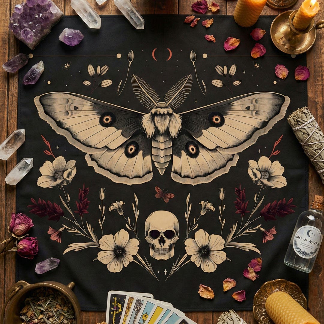 Vintage Moth and Skull Altar Cloth, Gothic Witch Decor, Occult Table ...