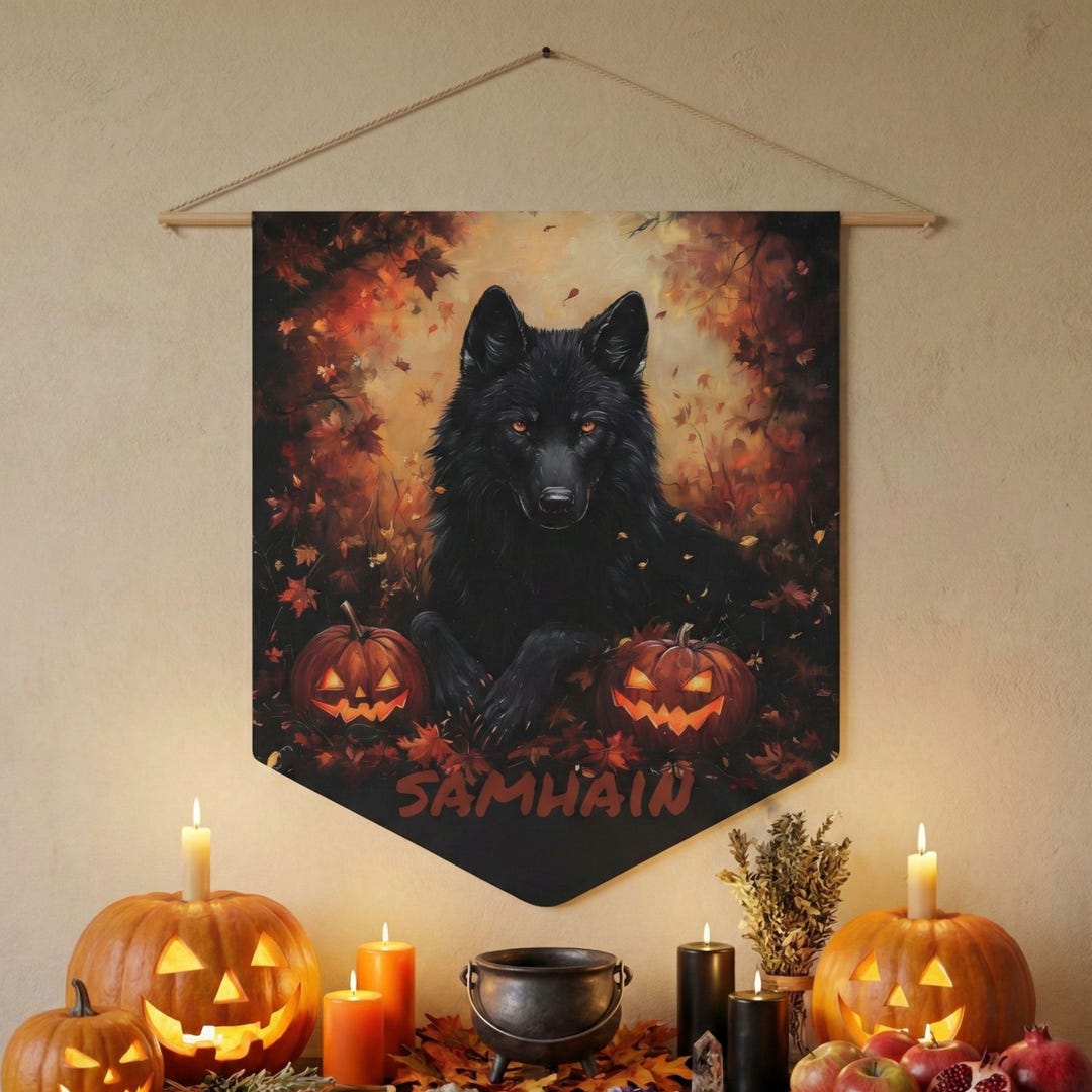 Samhain Pennant Banner With Black Wolf and Jack O Lanterns, Witchy ...
