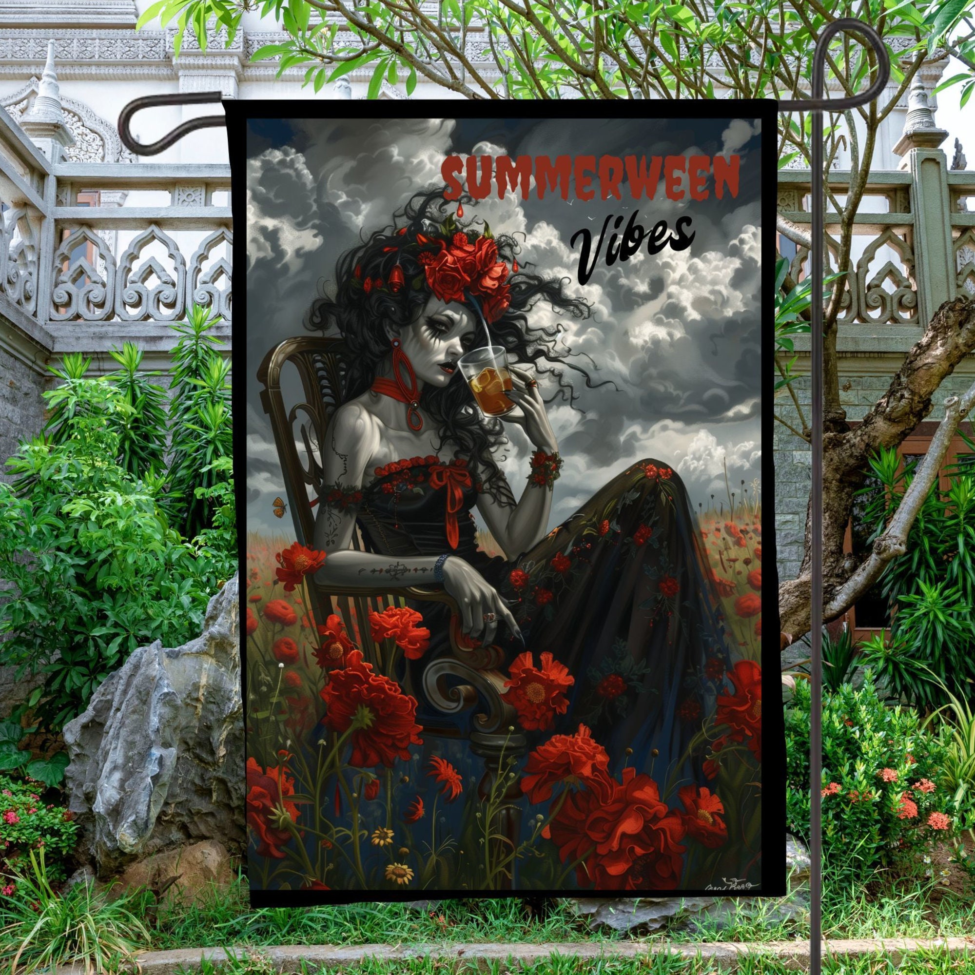 Gothic Summer Vibes Welcome Flag New Homeowner Gift Outdoor Lawn ...