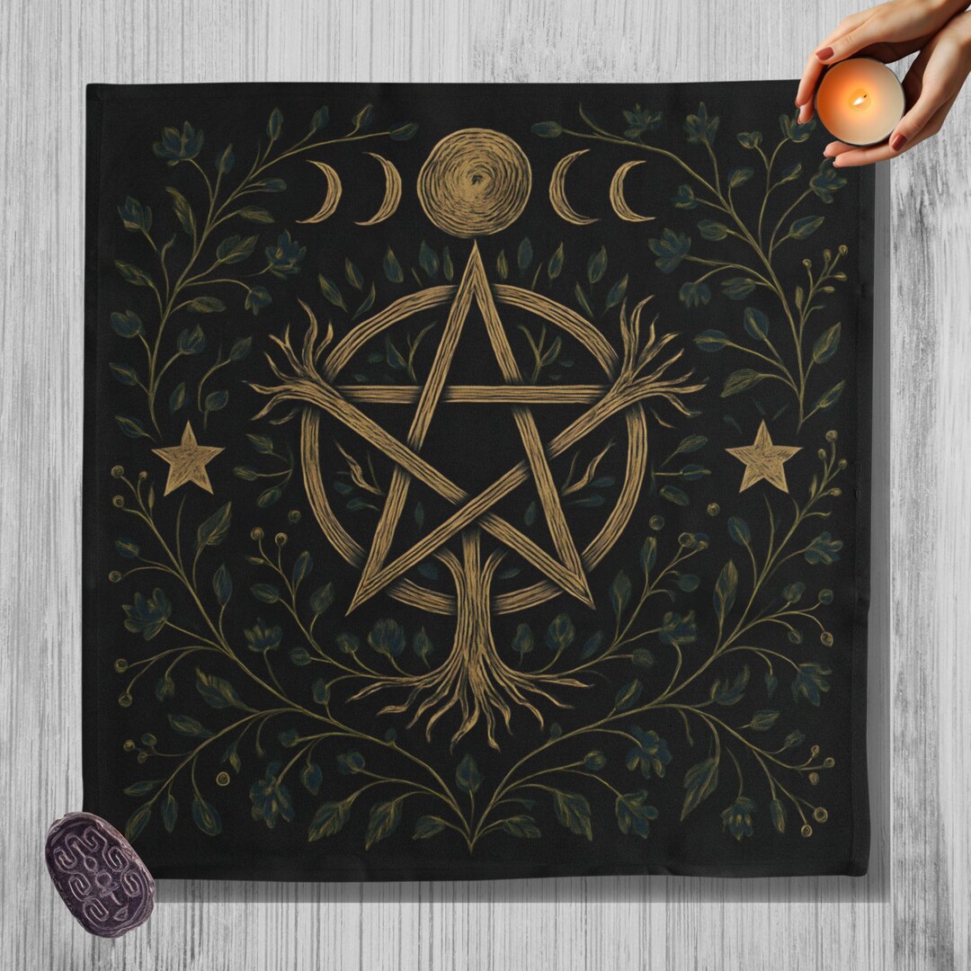 Forest Pentacle Altar Cloth, Tree of Life and Moon Phases Tapestry ...