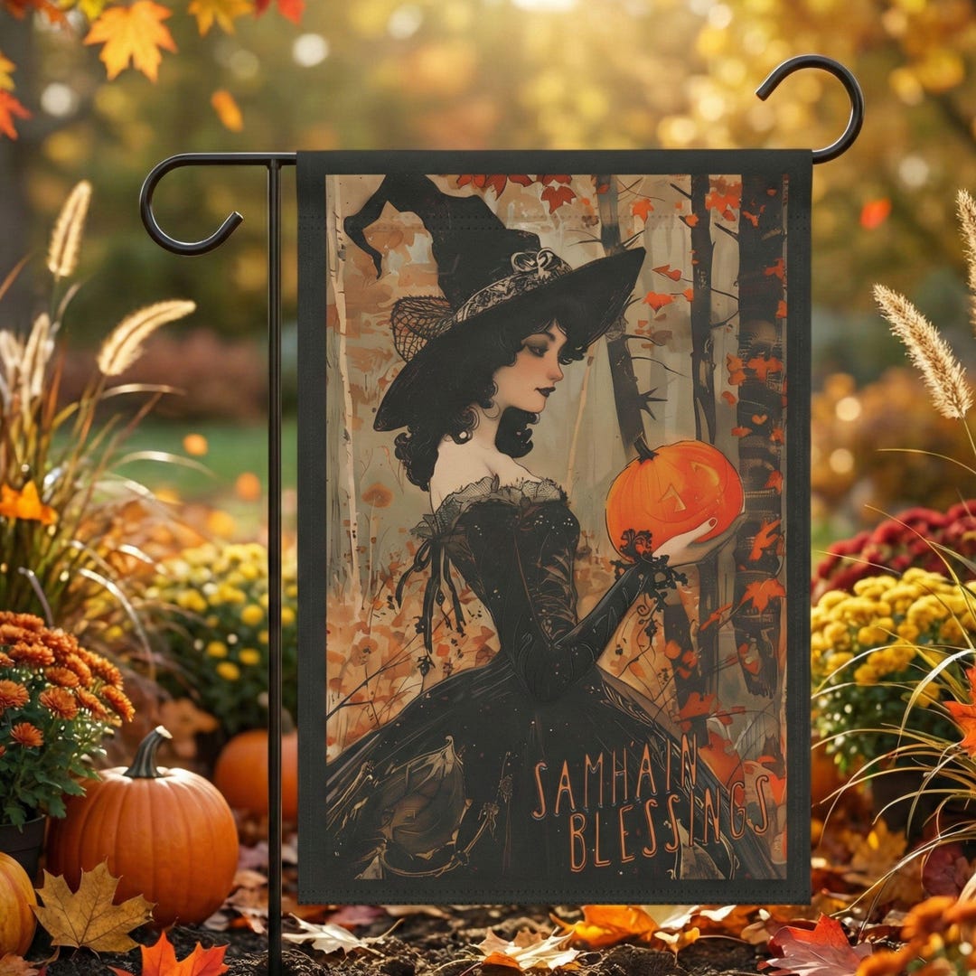 Retro Gothic Witch Garden Flag, Samhain Blessings Porch Decor, Moody ...