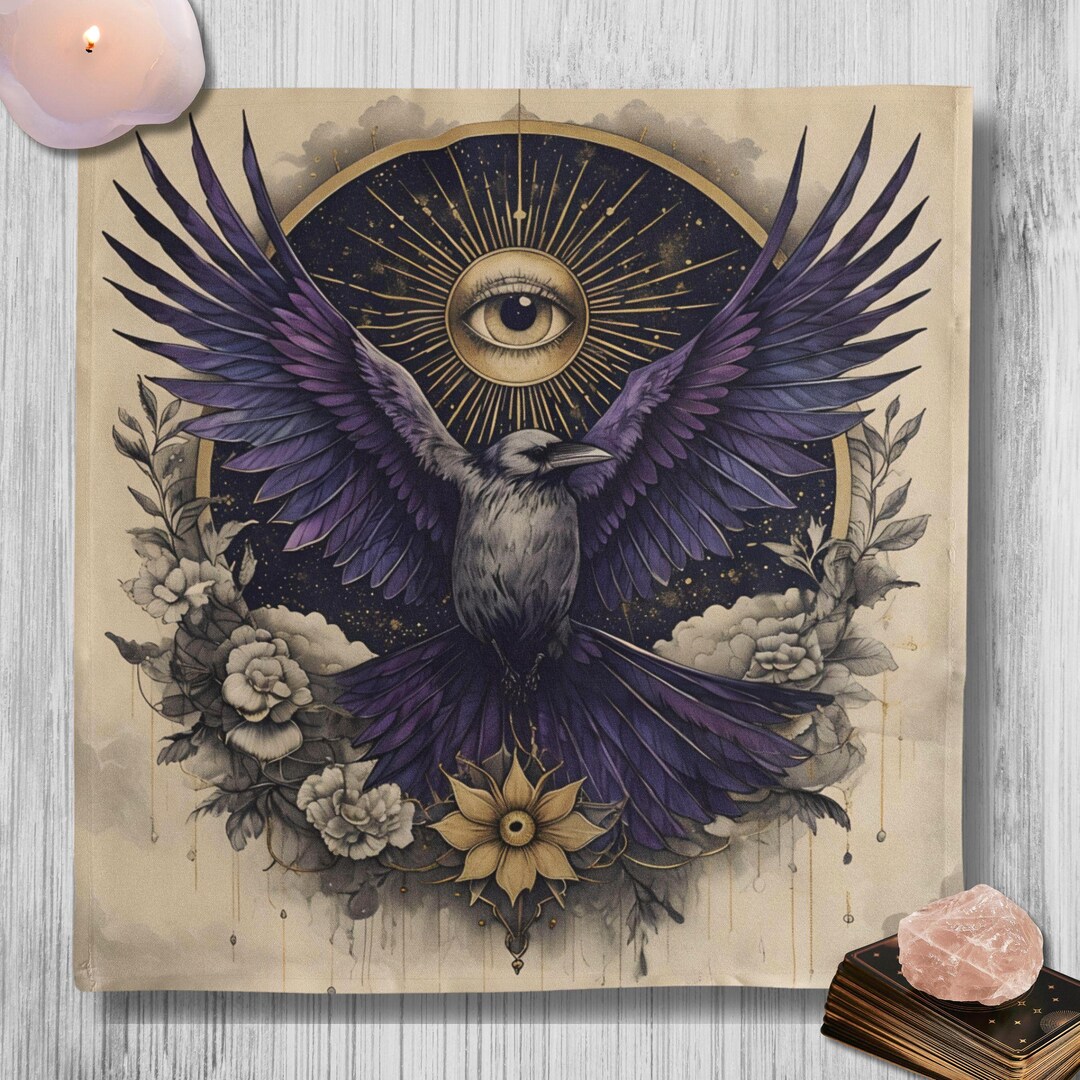 Raven Altar Cloth, Mystical Third Eye & Moon Design, Witchy Tarot Cloth ...