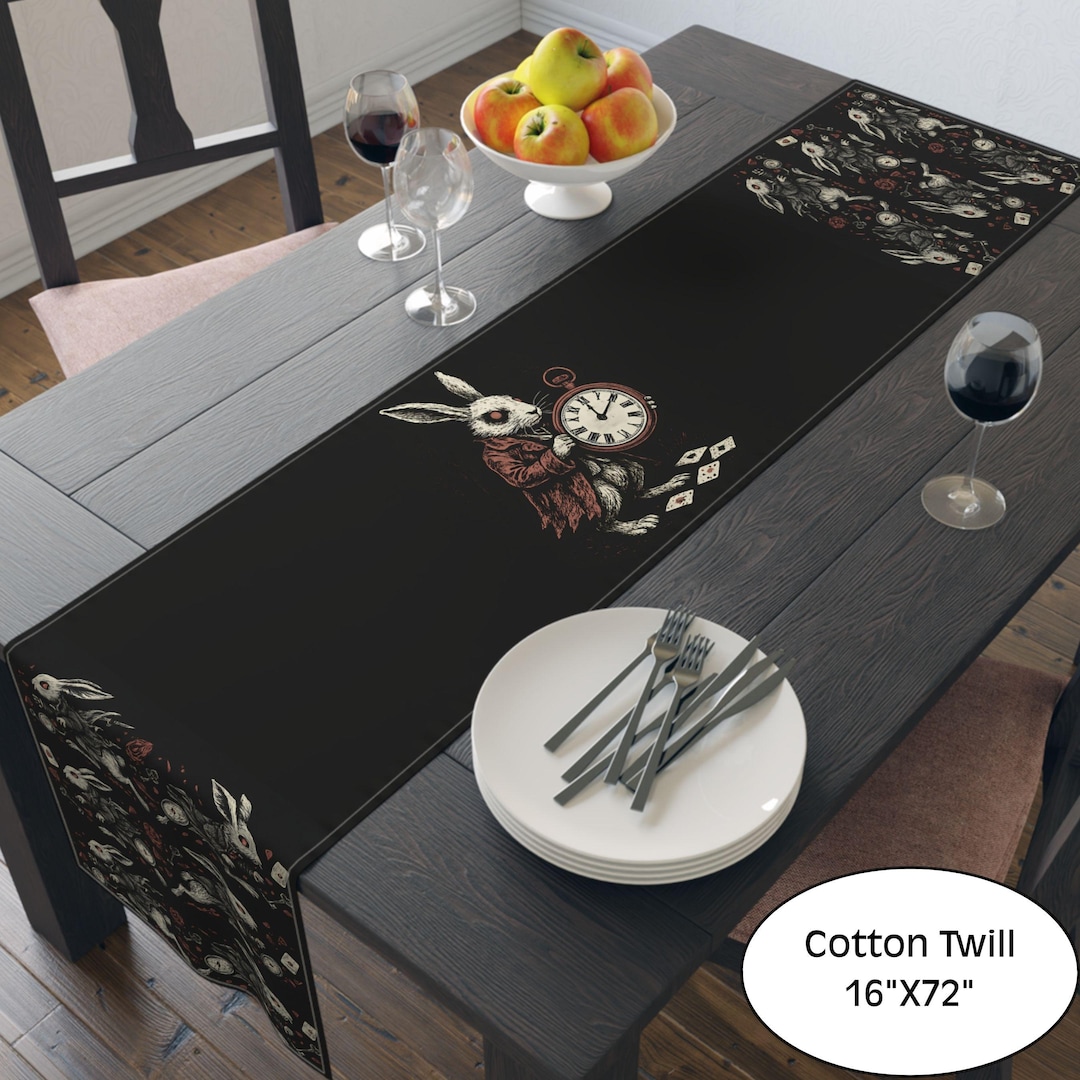 Gothic White Rabbit Table Runner, Dark Wonderland Decor, Pocket Watch ...