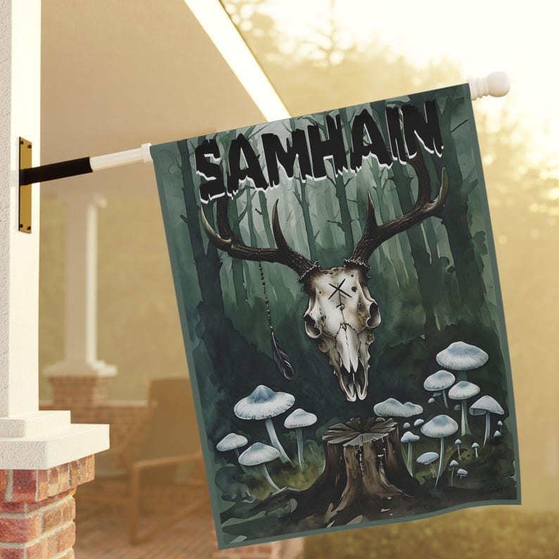 Samhain Garden Flag, Deer Skull, Mushrooms & Witchy Woods, Pagan Fall ...