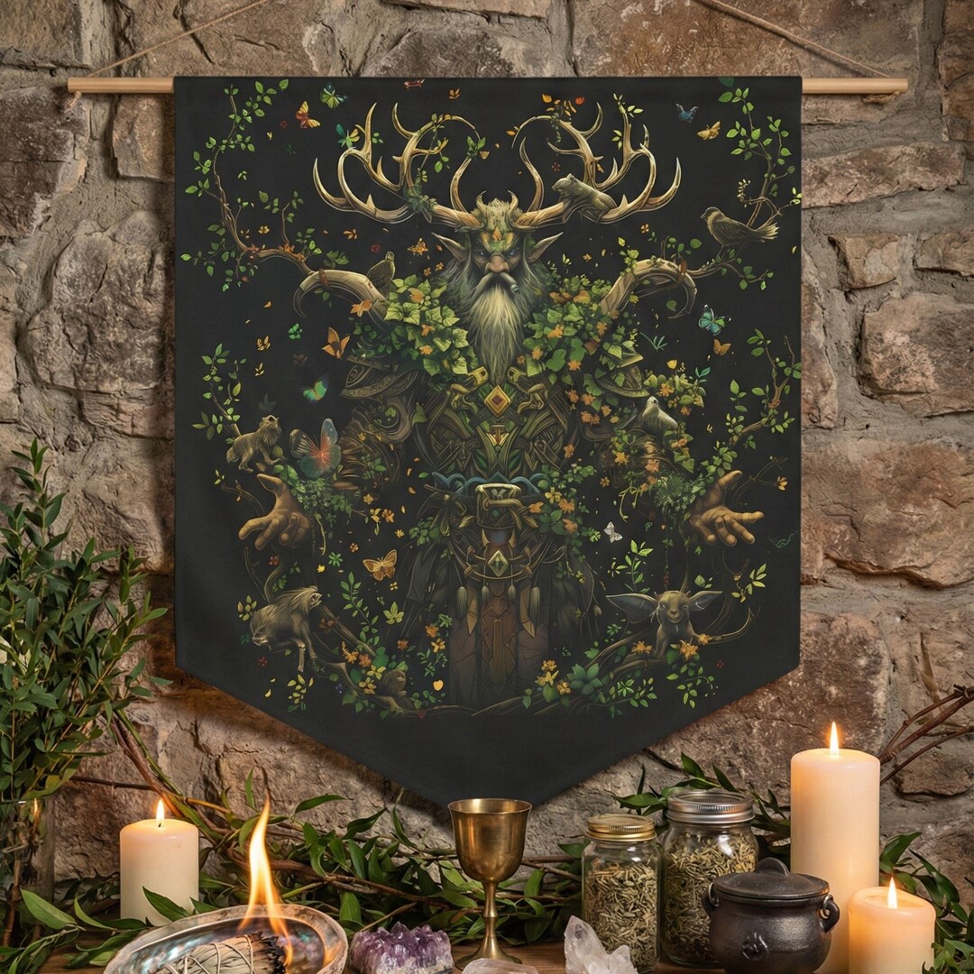 Green Man Pennant Banner, Pagan Home Decor, Beltane Wall Hanging ...