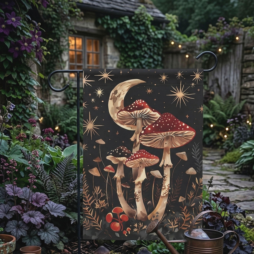 Forestcore Garden Flag, Mushroom and Crescent Moon Design, Forest Theme ...