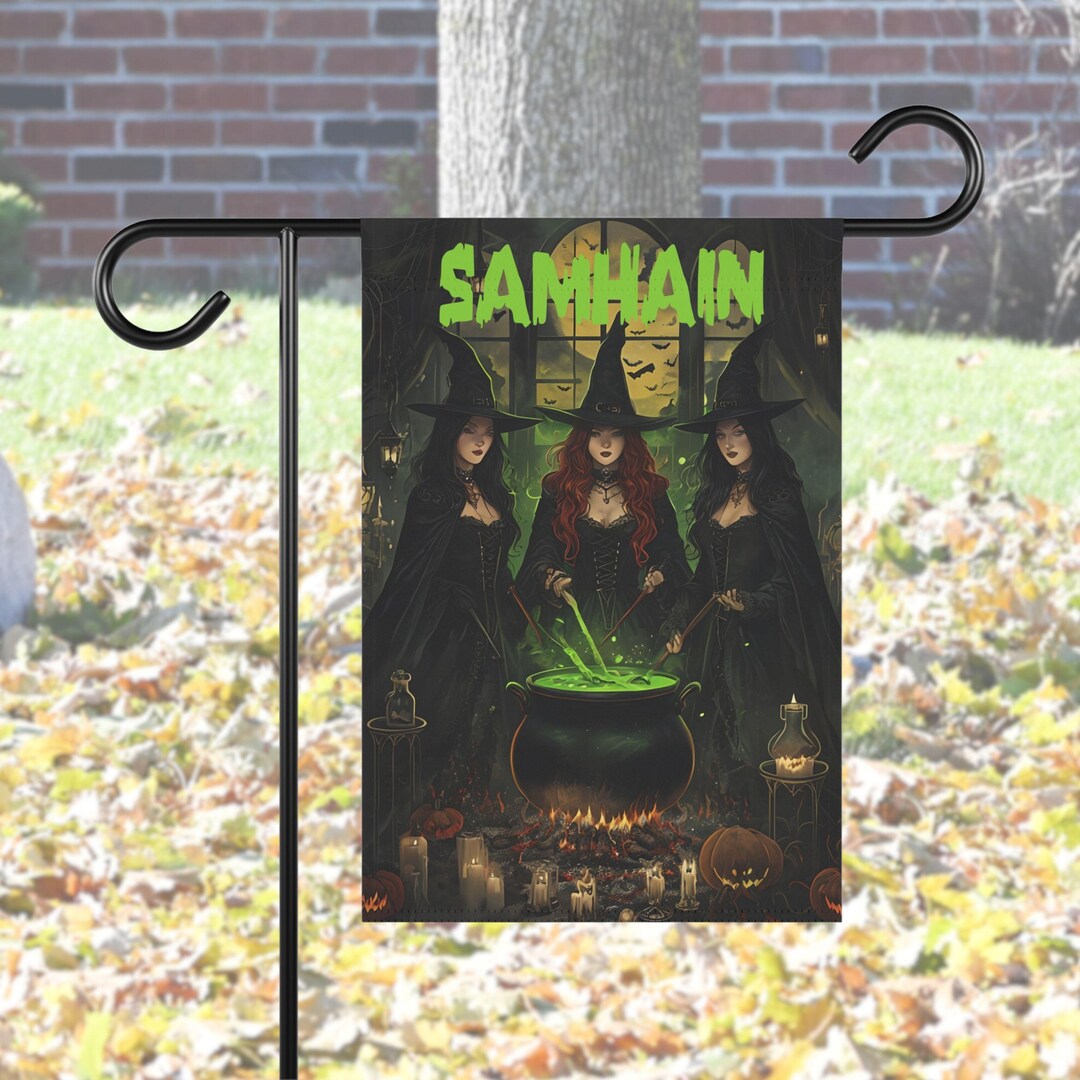 Samhain Witch Garden Flag, Three Witches and Cauldron, Green Magic ...