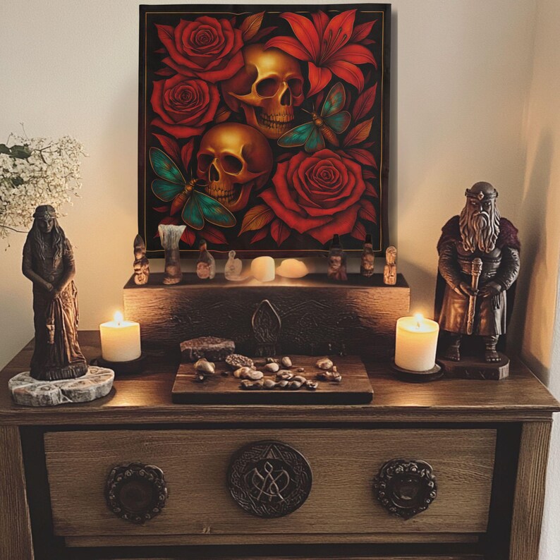 Gothic Skull and Roses Altar Cloth, Dark Red Floral Moth Tapestry ...