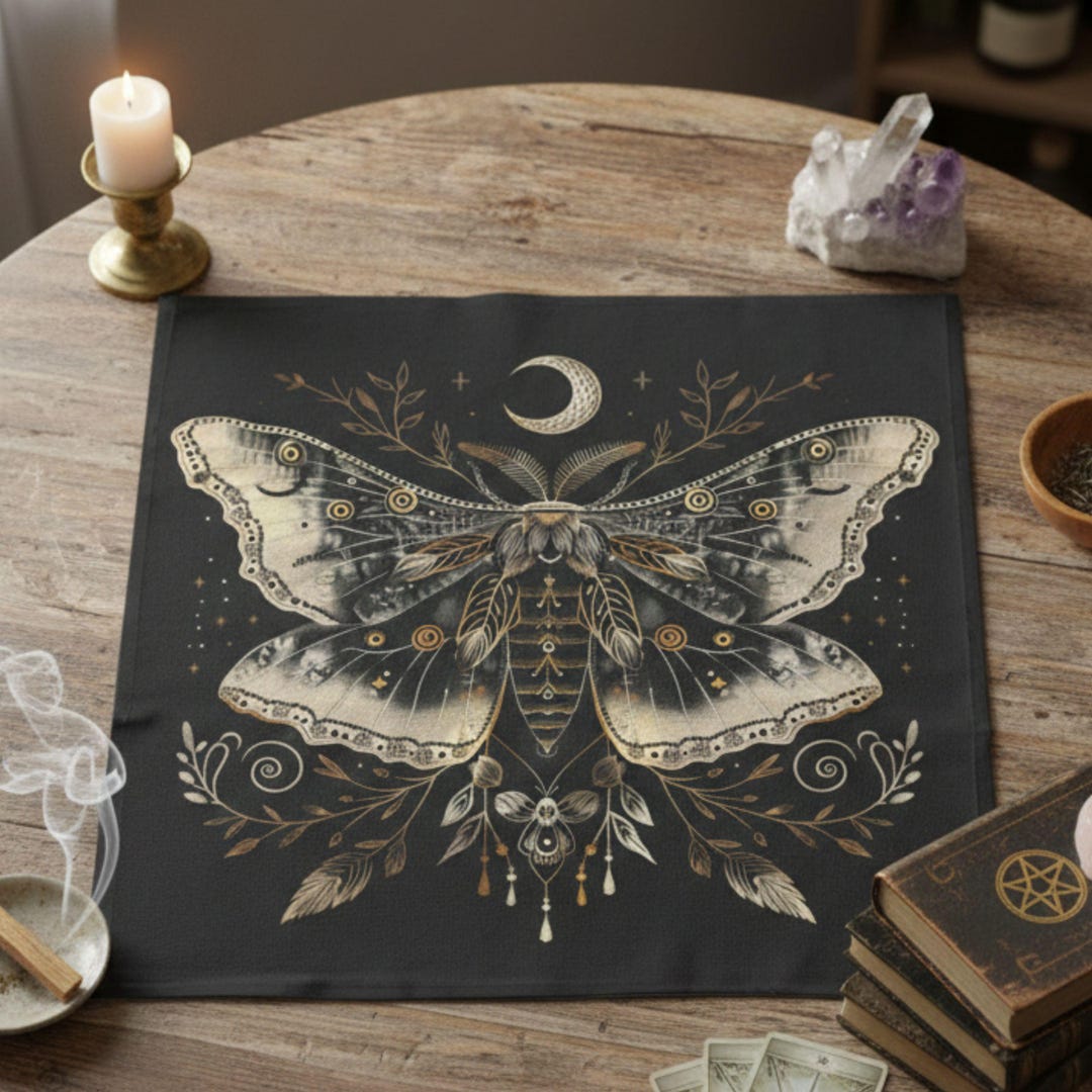 Moth & Moon Altar Cloth, Gothic Witchy Table Decor, Occult Pagan Ritual ...