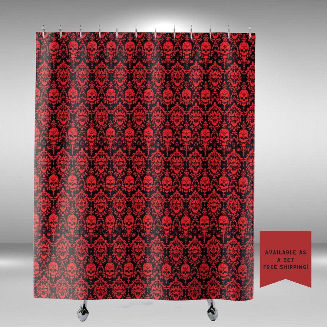 Gothic Skulls Bathroom Set Curtain and Rug Red and Black Damask Pattern ...