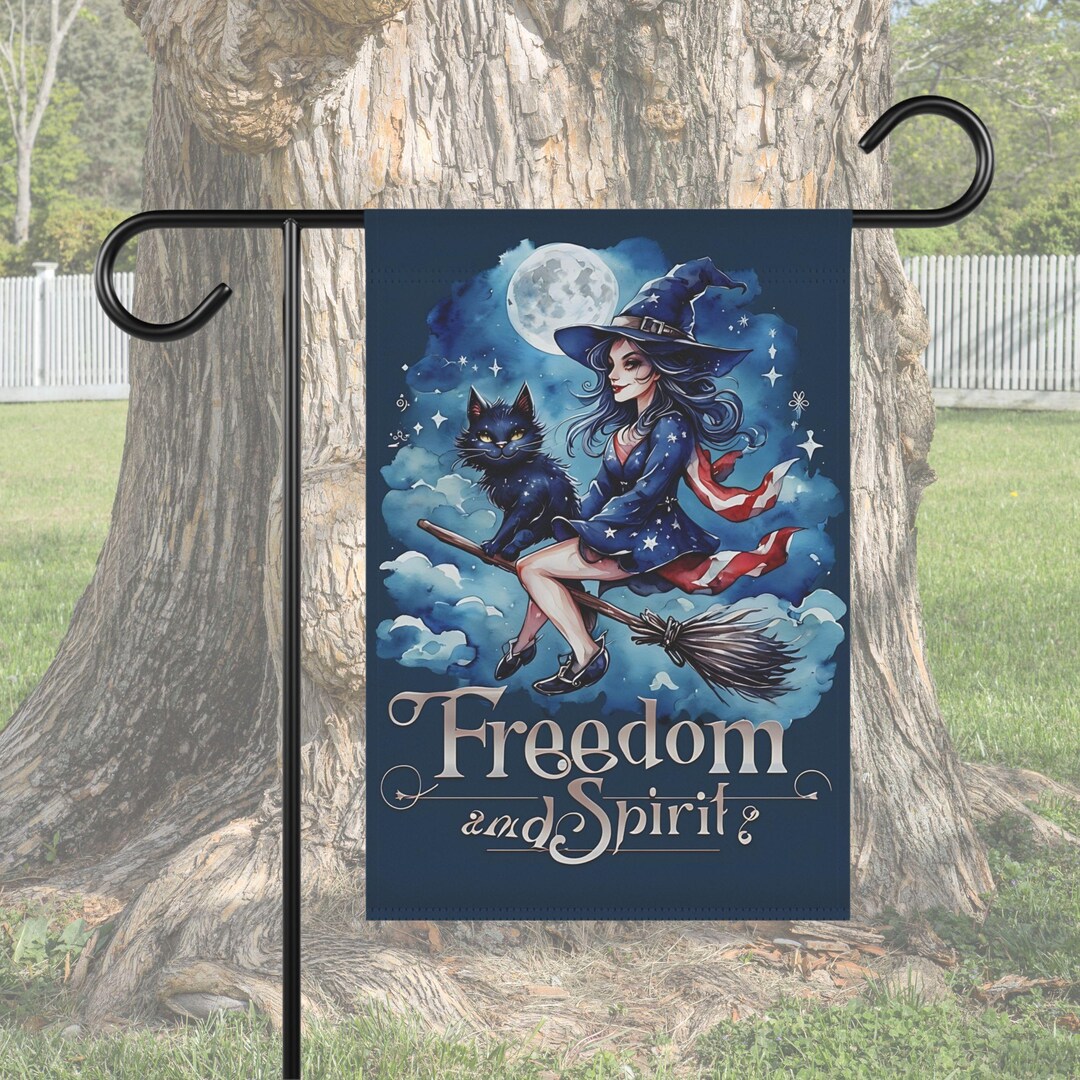 American Freedom Witchy Garden Flag, Broomstick Witch With Cat, 4th of ...