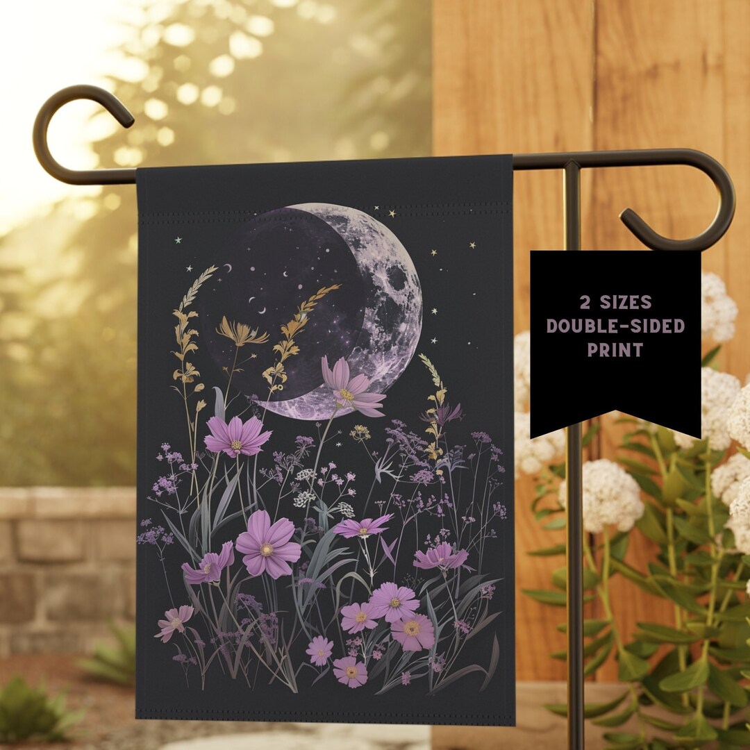 Crescent Moon Garden Flag Celestial Outdoor Banner With Wildflower ...