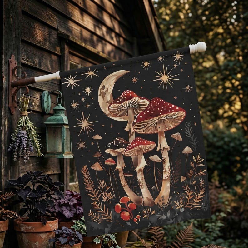 Forestcore Garden Flag, Mushroom and Crescent Moon Design, Forest Theme ...