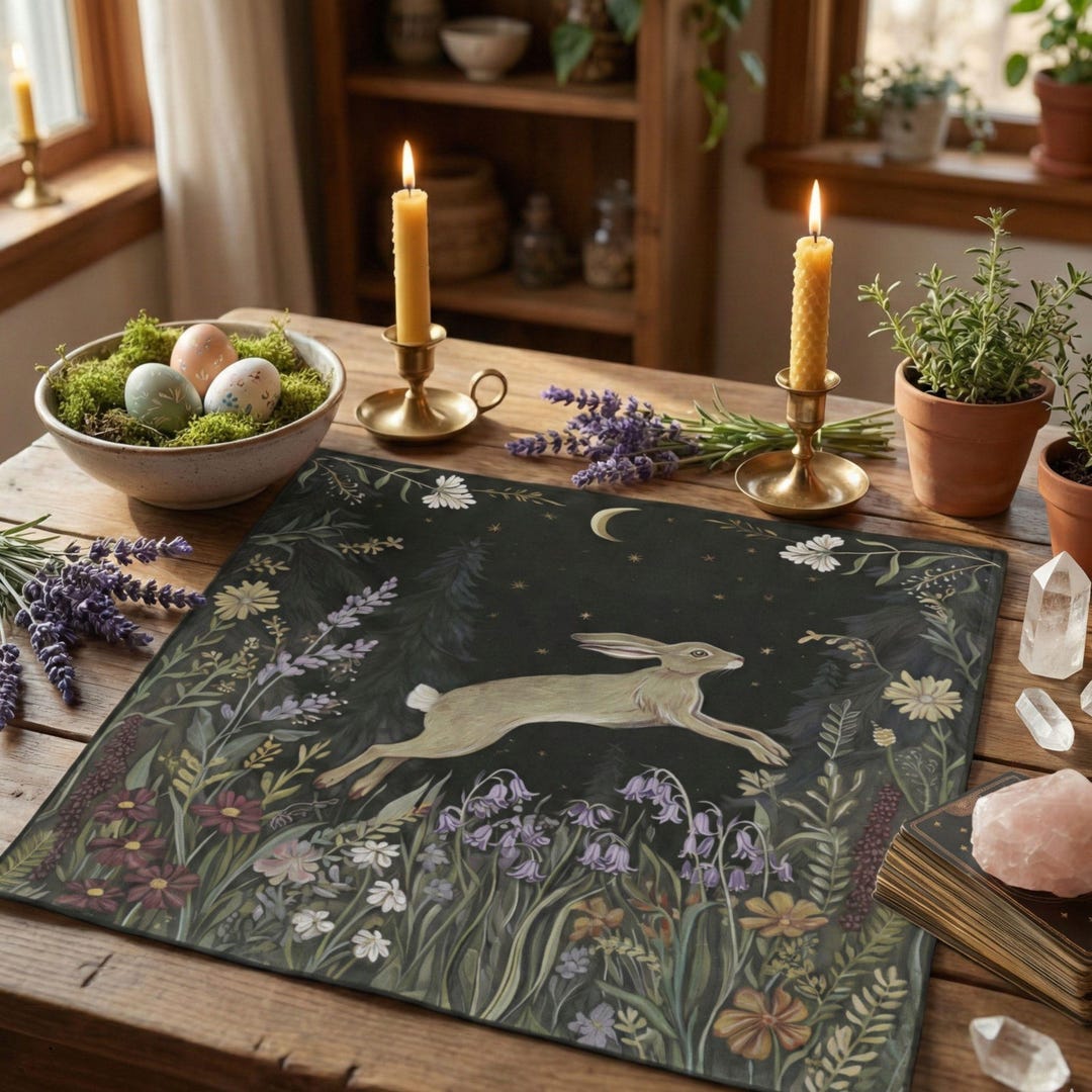 Ostara Altar Cloth With Spring Hare, Cottagecore Floral Ritual Mat ...
