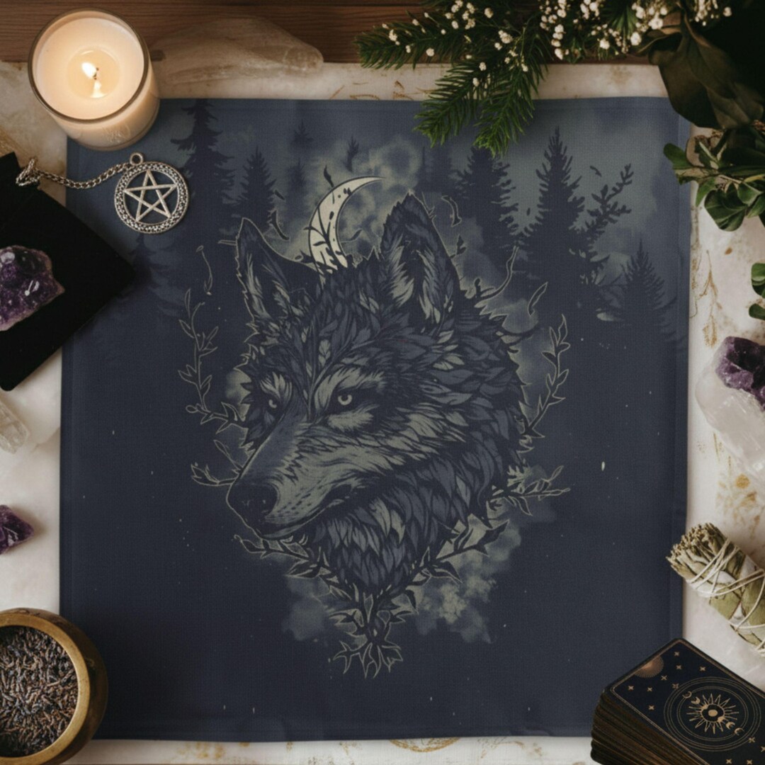 Mystic Wolf Altar Cloth, Lunar Forest Tarot Mat, Witchy Woodland Decor ...
