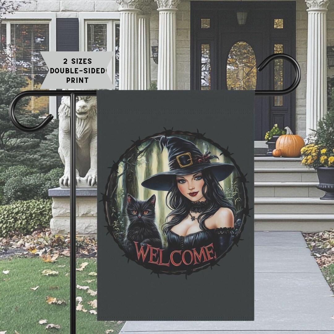 Witch and Black Cat Welcome Flag, Goth Glam Porch Decor, Fall Yard Sign ...