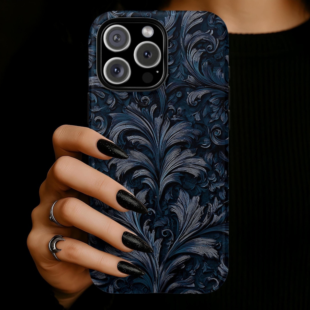 Midnight Blue Baroque Phone Case, Elegant Dark Floral Cover, iPhone 17 ...