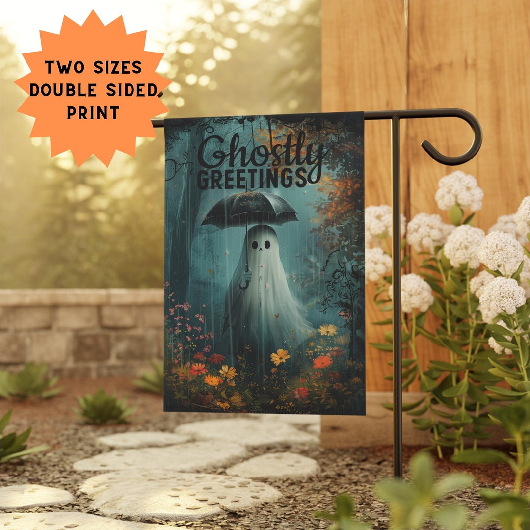 Spooky Ghost With Umbrella Ghostly Greetings Yard Flag Wildflowers in ...
