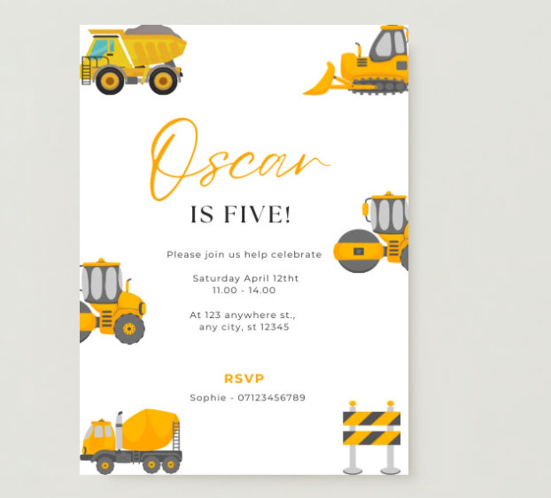 Children's Birthday Party Invitation Digger/construction. - Etsy