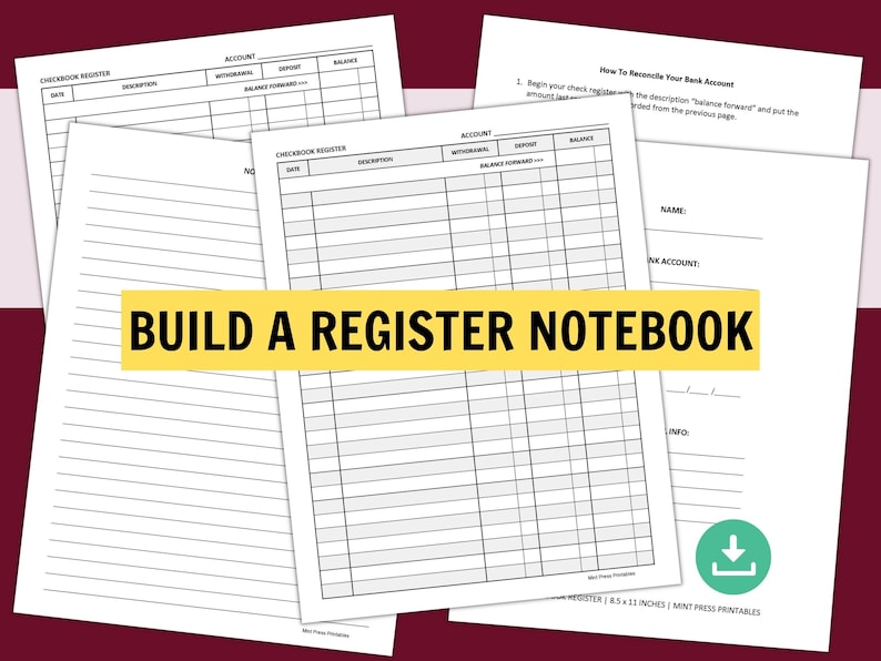 Check Register Printable Bank Account Tracker Checkbook Reconciliation ...