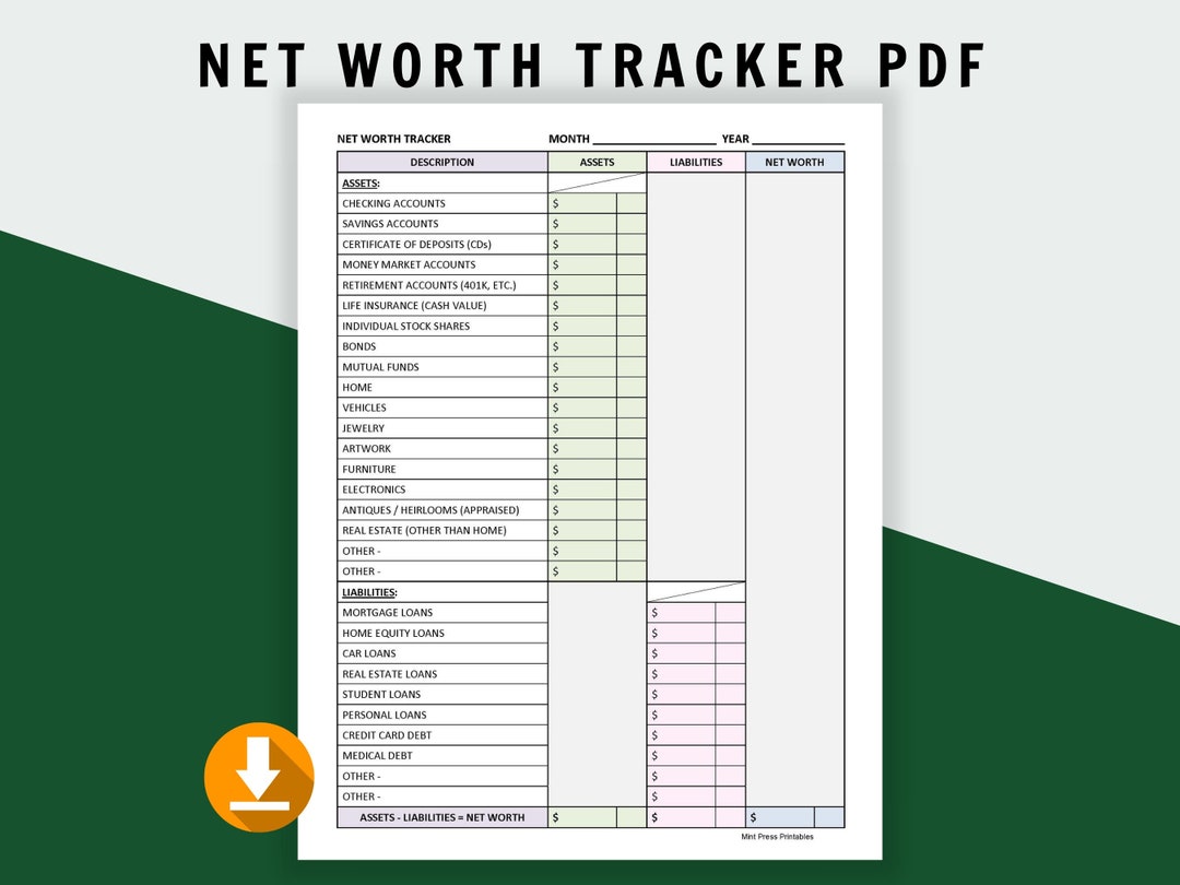 Net Worth Printables Wealth Tracking Assets Liabilities Spreadsheet ...