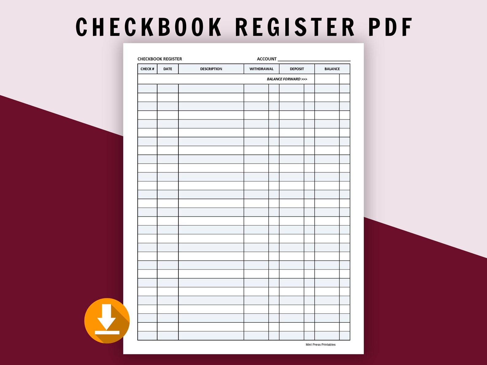 Check Register Printable Bank Account Tracker Checkbook Reconciliation ...