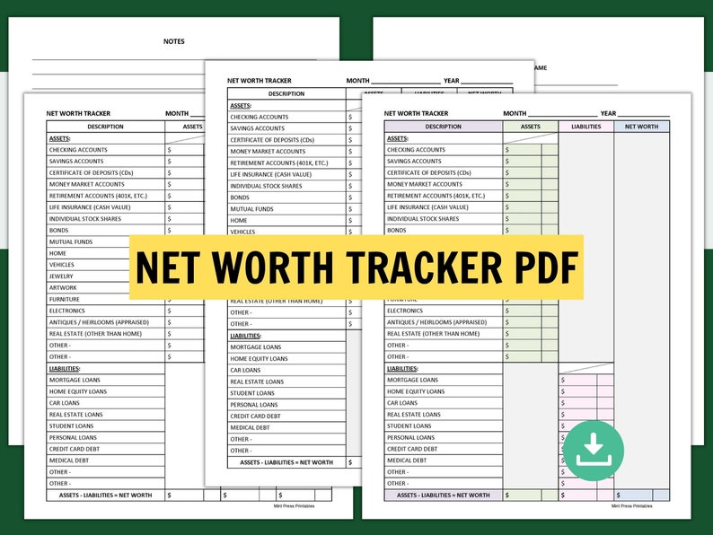 Net Worth Tracker Printable: Financial Planning Spreadsheet (PDF) - Etsy