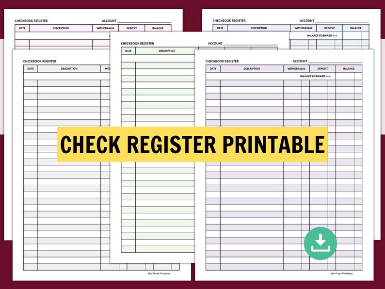 Check Register Printable Bank Account Tracker Checkbook Reconciliation ...
