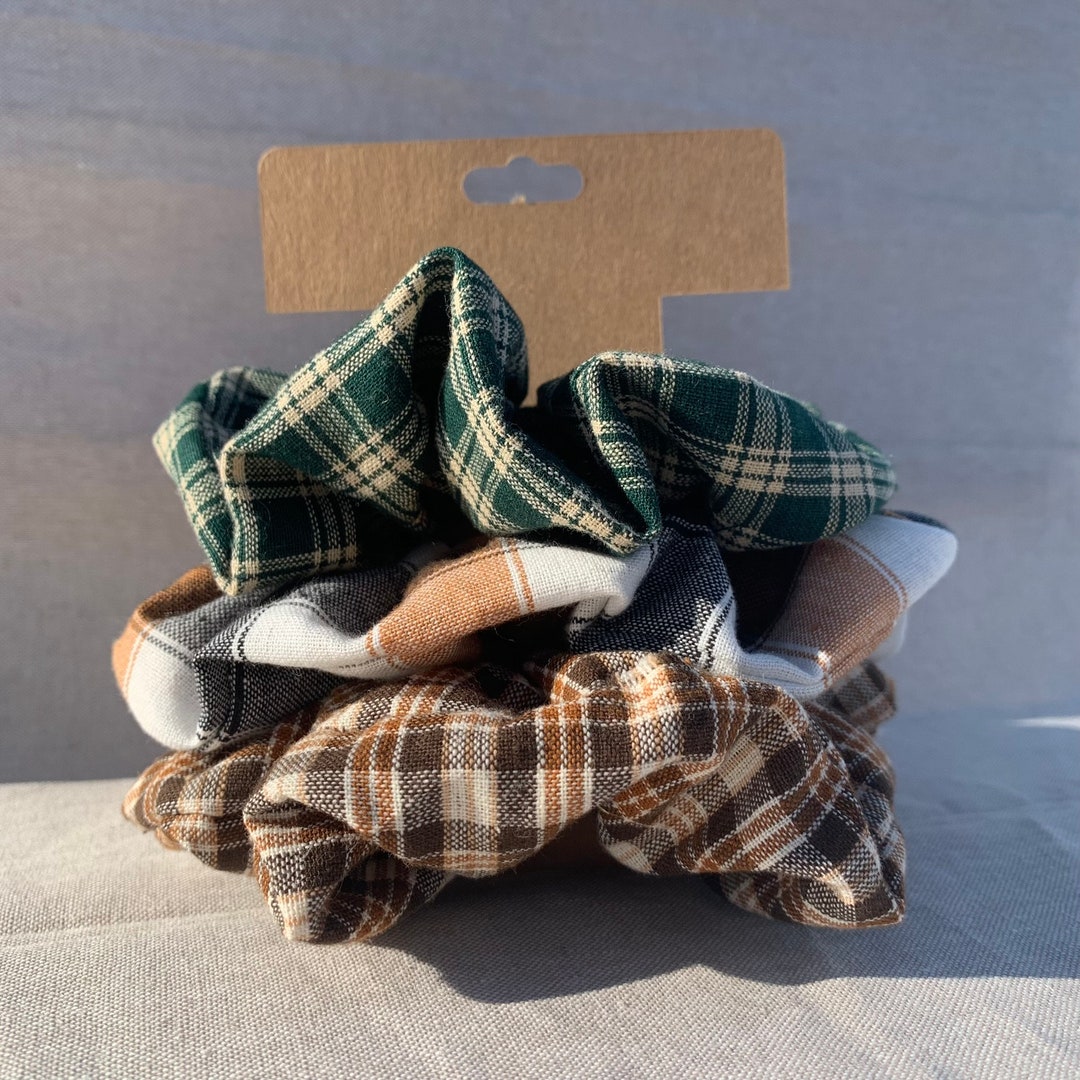 Pack of 3 Plaid Scrunchies, 100% Cotton Handmade Scrunchies, Light ...