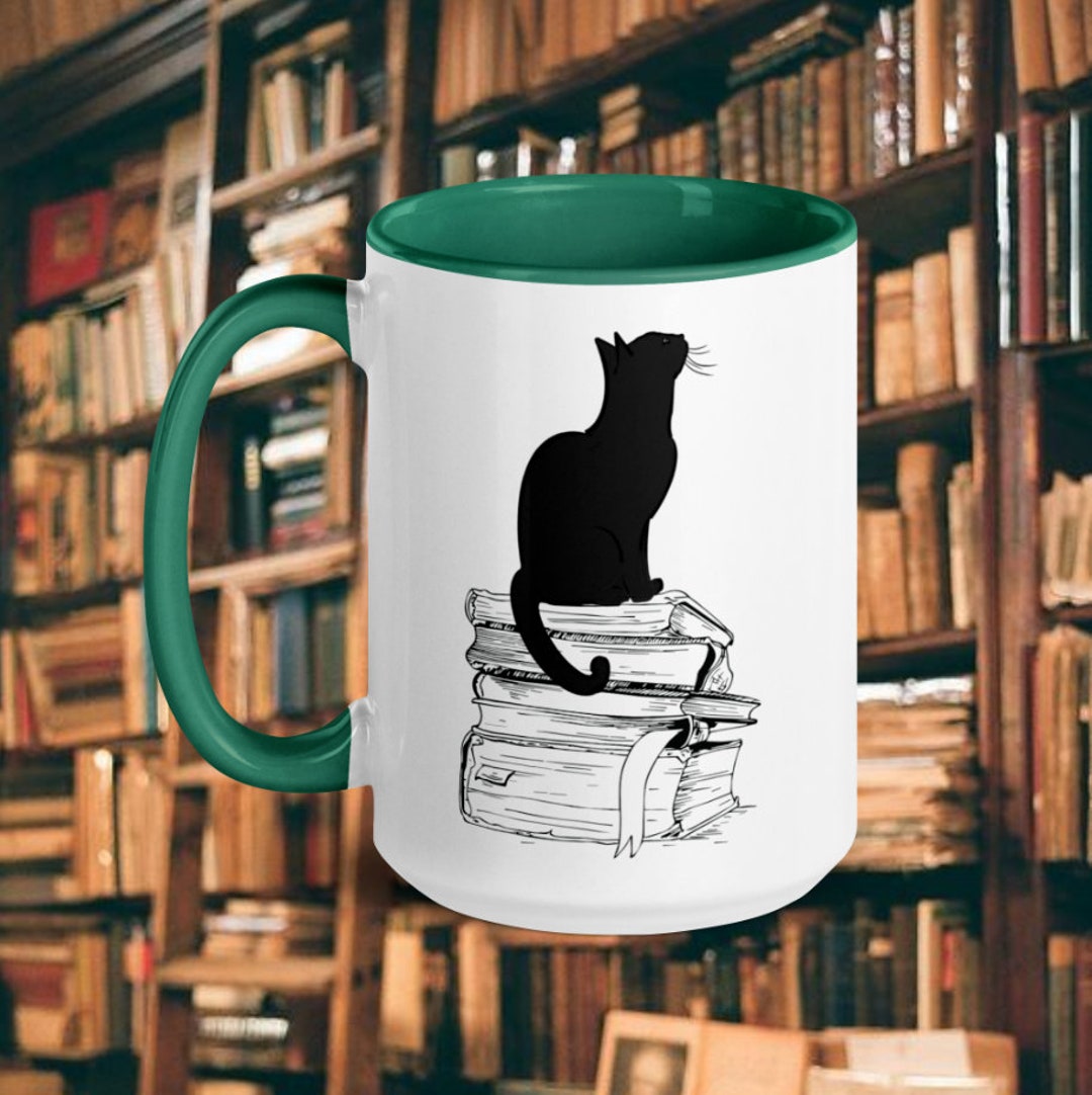 Book Coffee Mug, Black Cat on a Book Mug, Cat on Bookshelf, Bookish Mug ...