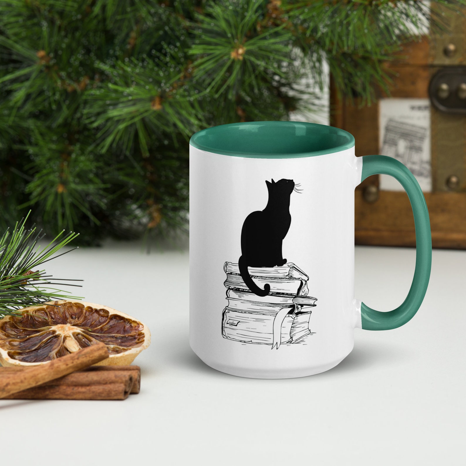 Book Coffee Mug, Black Cat on a Book Mug, Cat on Bookshelf, Bookish Mug ...