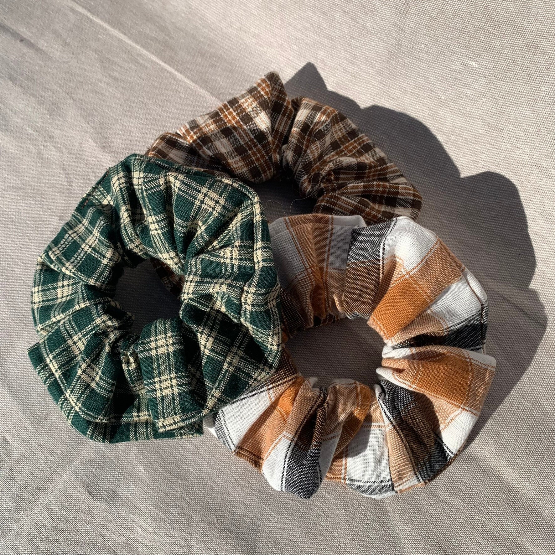 Pack of 3 Plaid Scrunchies, 100% Cotton Handmade Scrunchies, Light ...