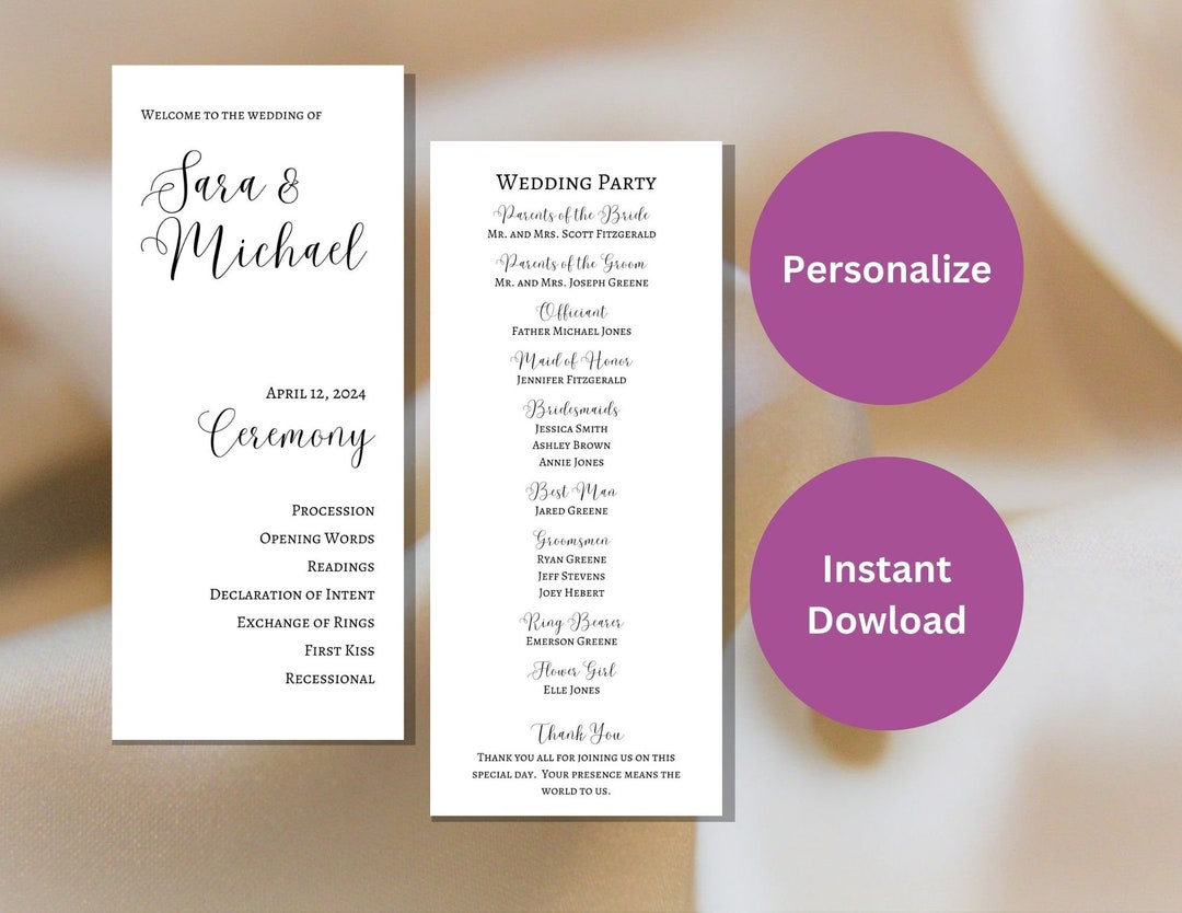 Wedding Program Template, Wedding Ceremony Guide, DIY Wedding, Classic ...