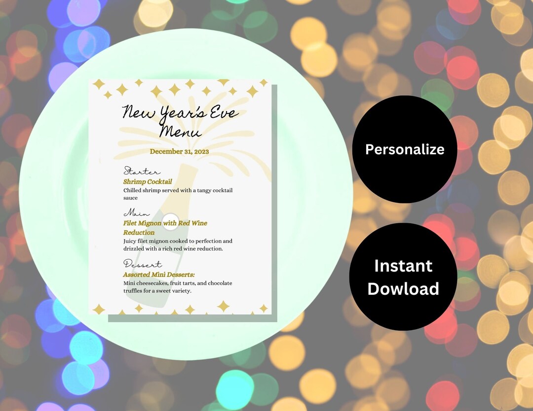 New Year's Eve Menu, NYE Dinner Party Template, New Year Celebration - Etsy