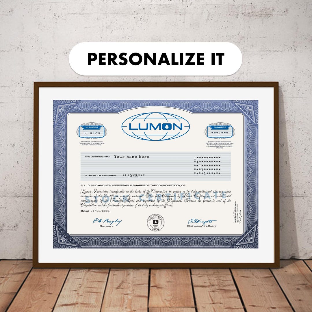 Novelty Stock Certificate of Lumon. Personalized Stock Gift for ...