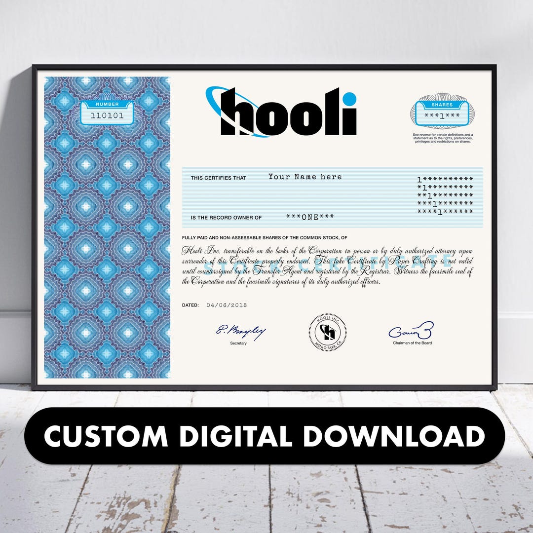 Digital Download Hooli Stock Certificate. Personalized Pied Piper ...