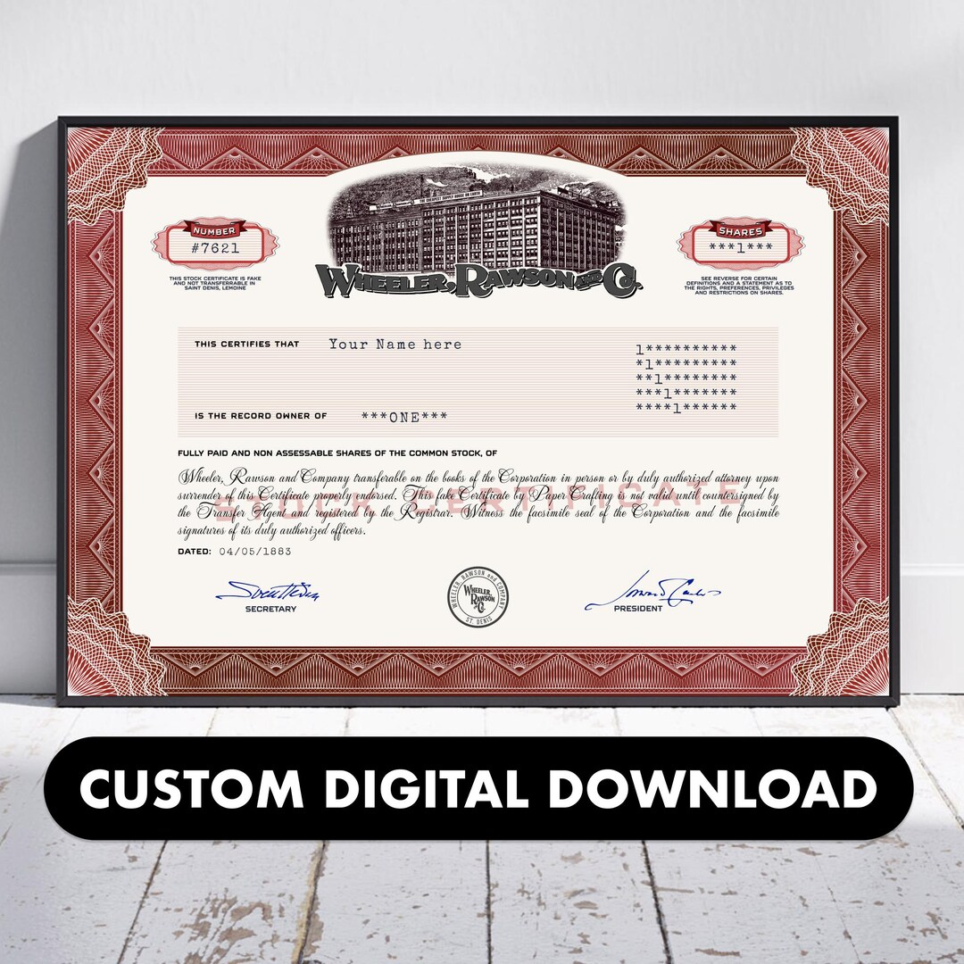 Digital Download Wheeler Rawson Stock Certificate. Personalized Gift ...
