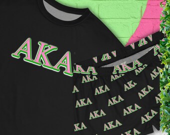 AKA Women's Short Pajama Set Pink & Green Comfy Lounge Wear With Greek ...