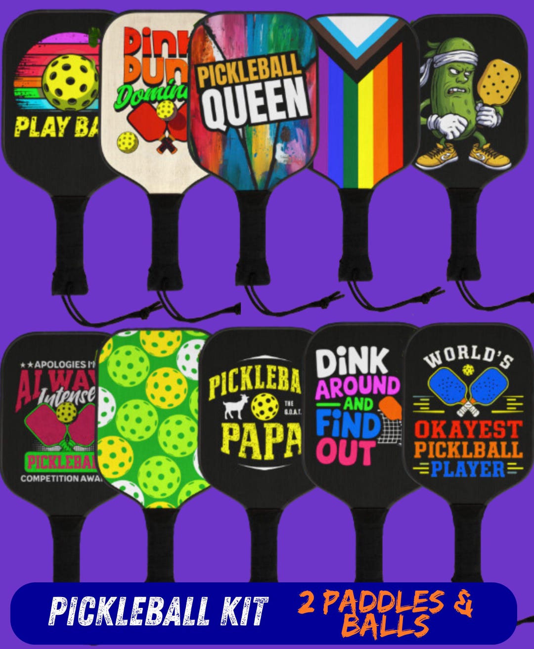 Colorful Neon Wood Pickleball Kit Collection: Fun Pickleball Paddles ...