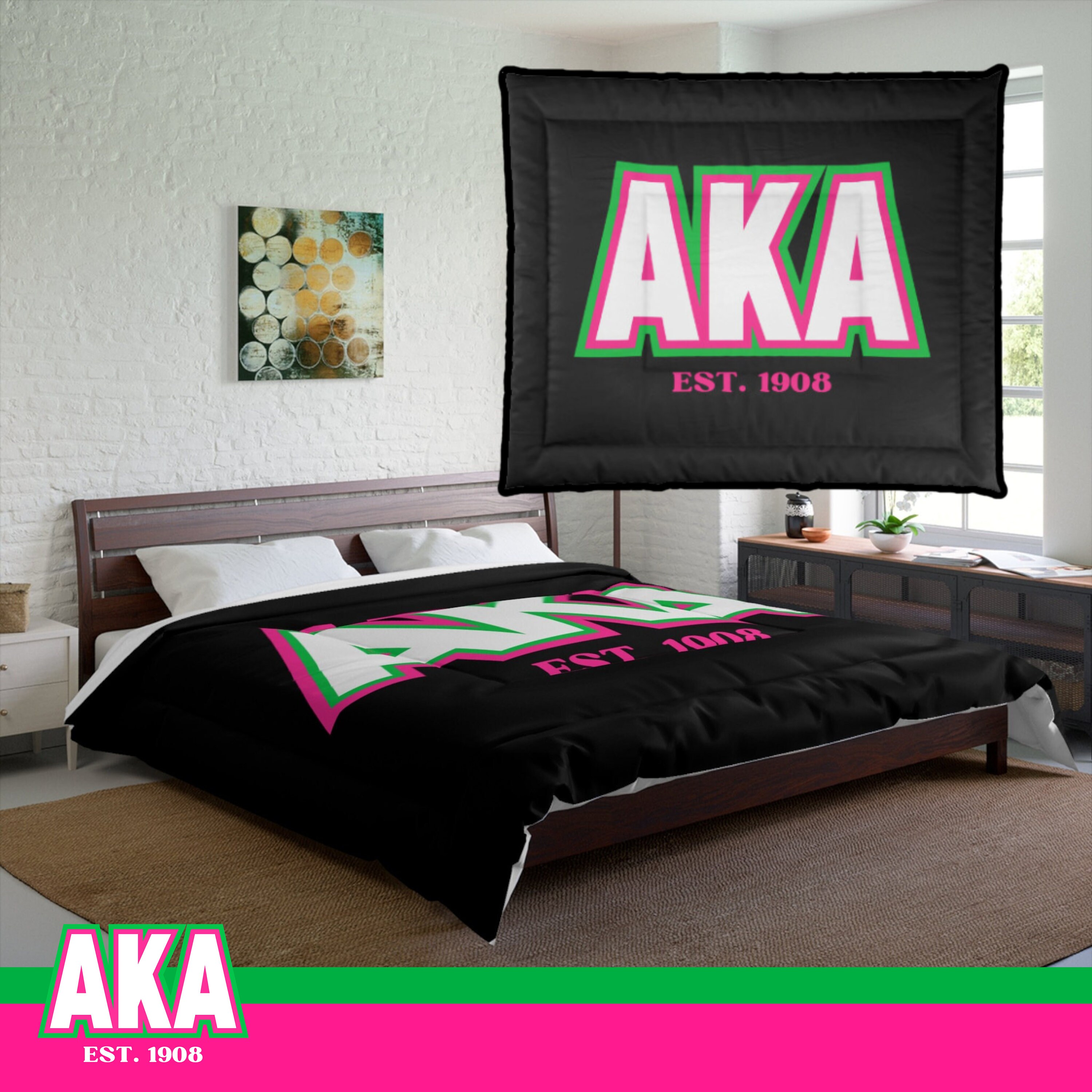 Alpha Kappa Alpha Sorority Comforter Set Pink & Green Bedroom Decor ...