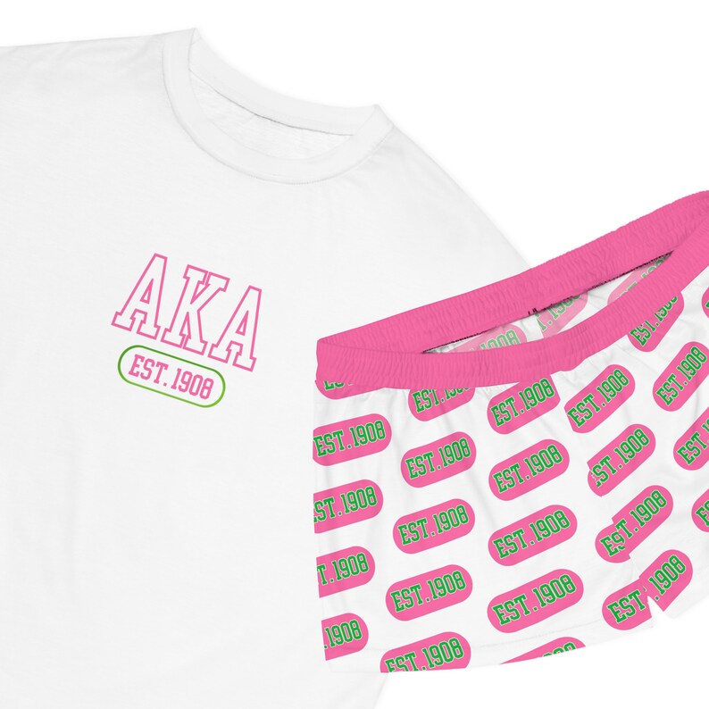 AKA Women's Short Pajama Set Pink & Green Comfy Lounge Wear With Greek ...