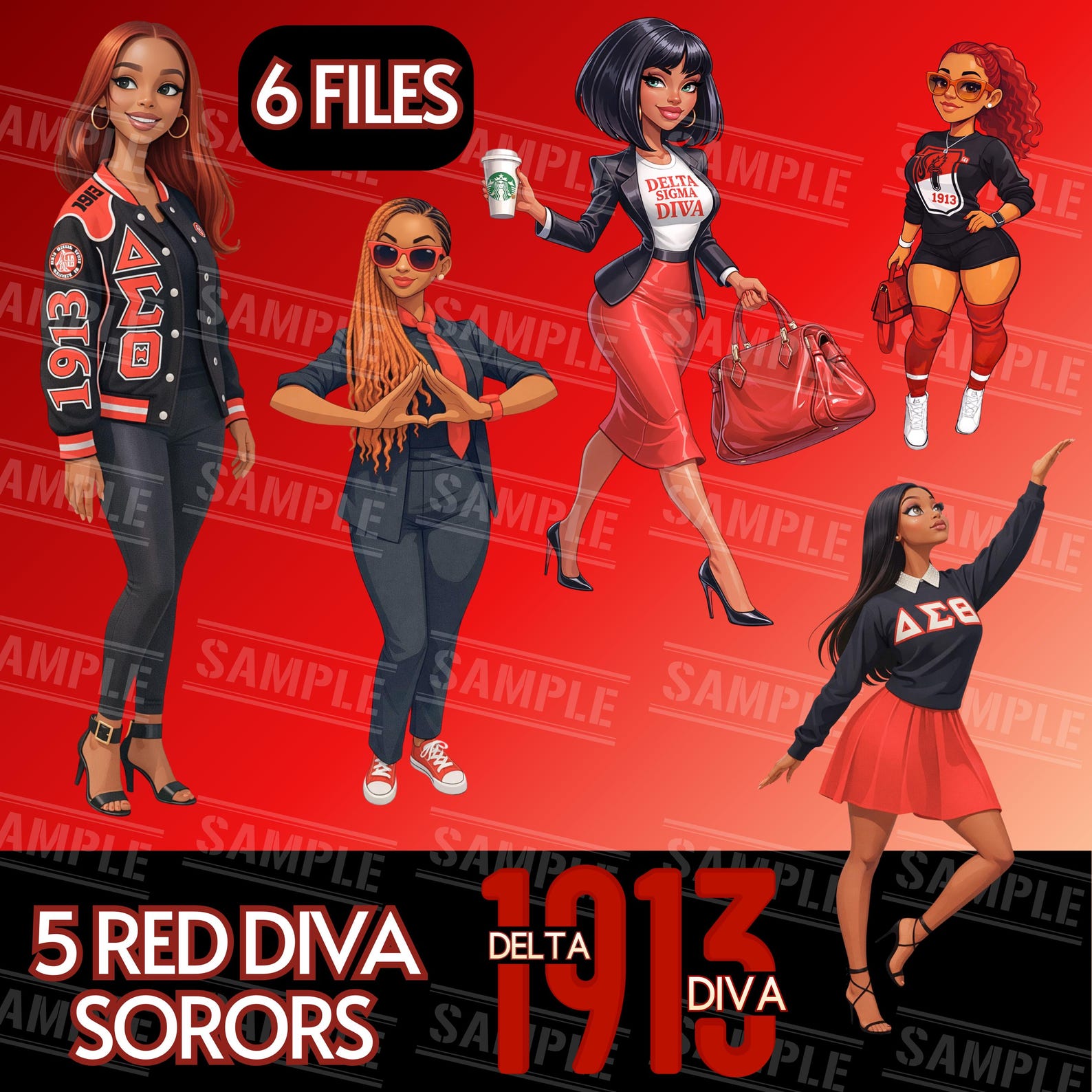 Red Diva Sorority PNG Clipart Bundle – 1913 Greek Sisters, Black Girl ...