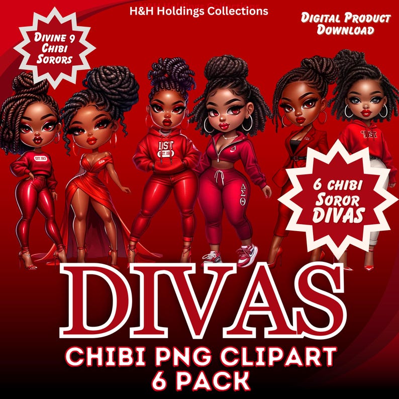 Red Diva Sorority Png Clipart Bundle - 6 Chibi Beauties - High Quality ...