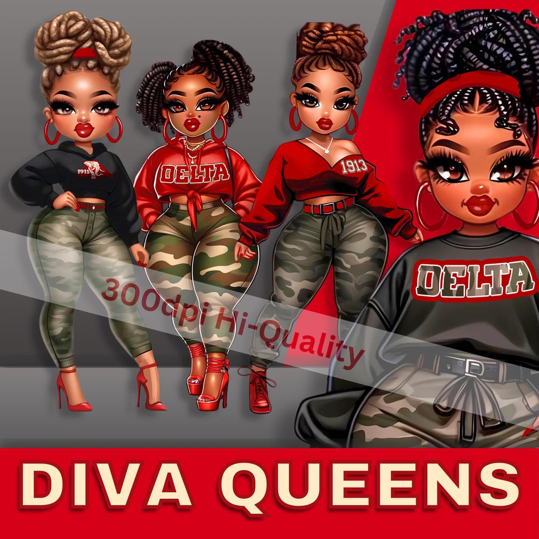4 Diva Queens Chibi Pngs – Red Sorority Greek Letter Clipart – Digital ...