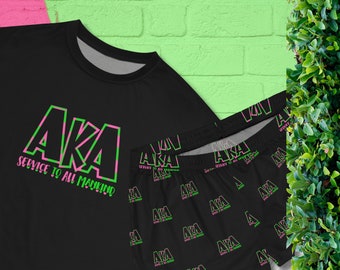 AKA Women's Short Pajama Set Pink & Green Comfy Lounge Wear With Greek ...