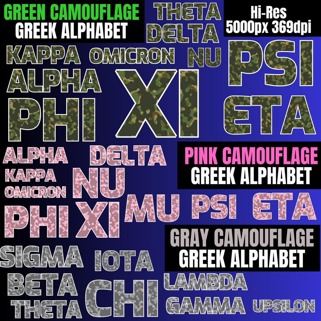 3 Color Camouflage Greek Alphabet Png Bundle: Green, Pink and Gray ...