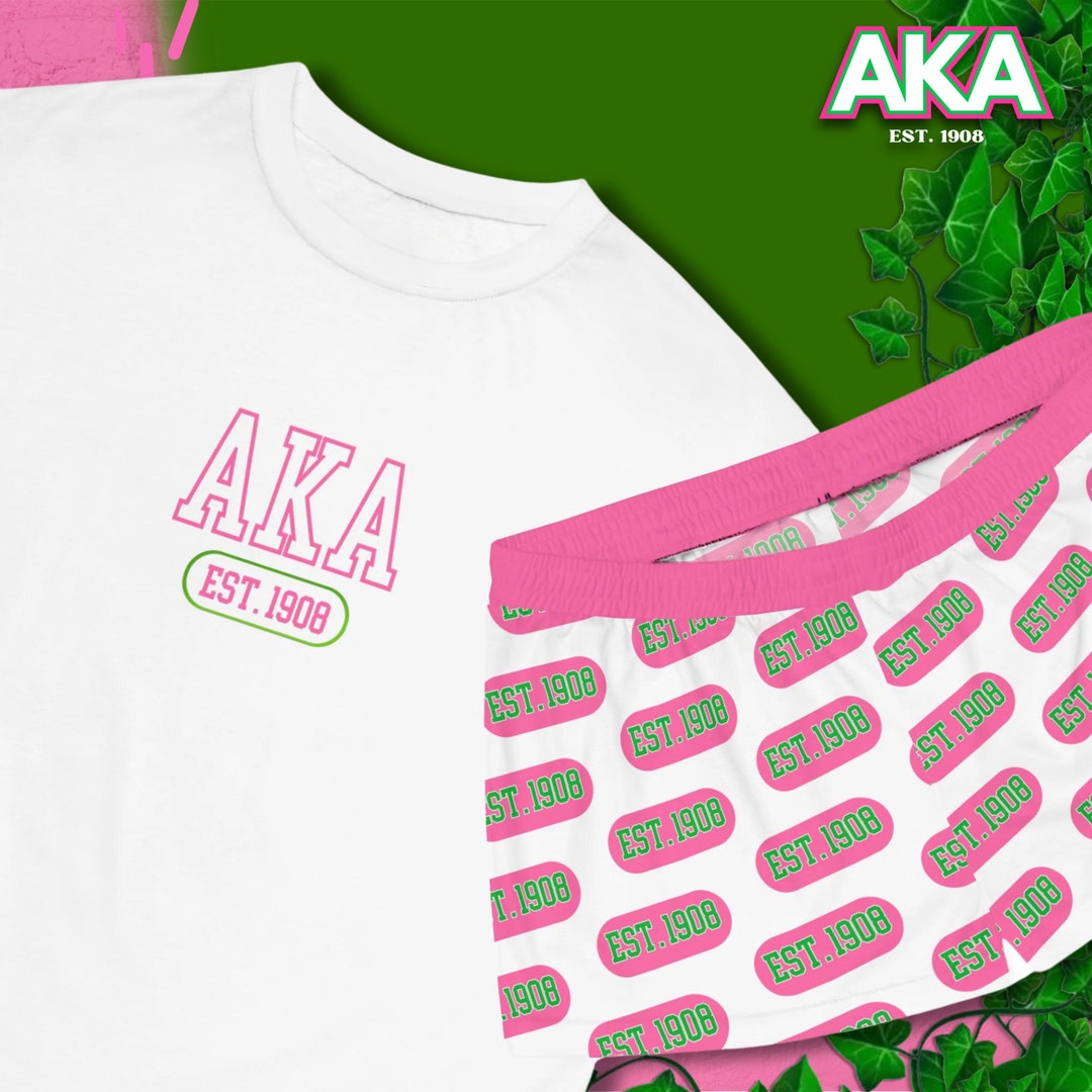 AKA Women's Short Pajama Set Pink & Green Comfy Lounge Wear With Greek ...