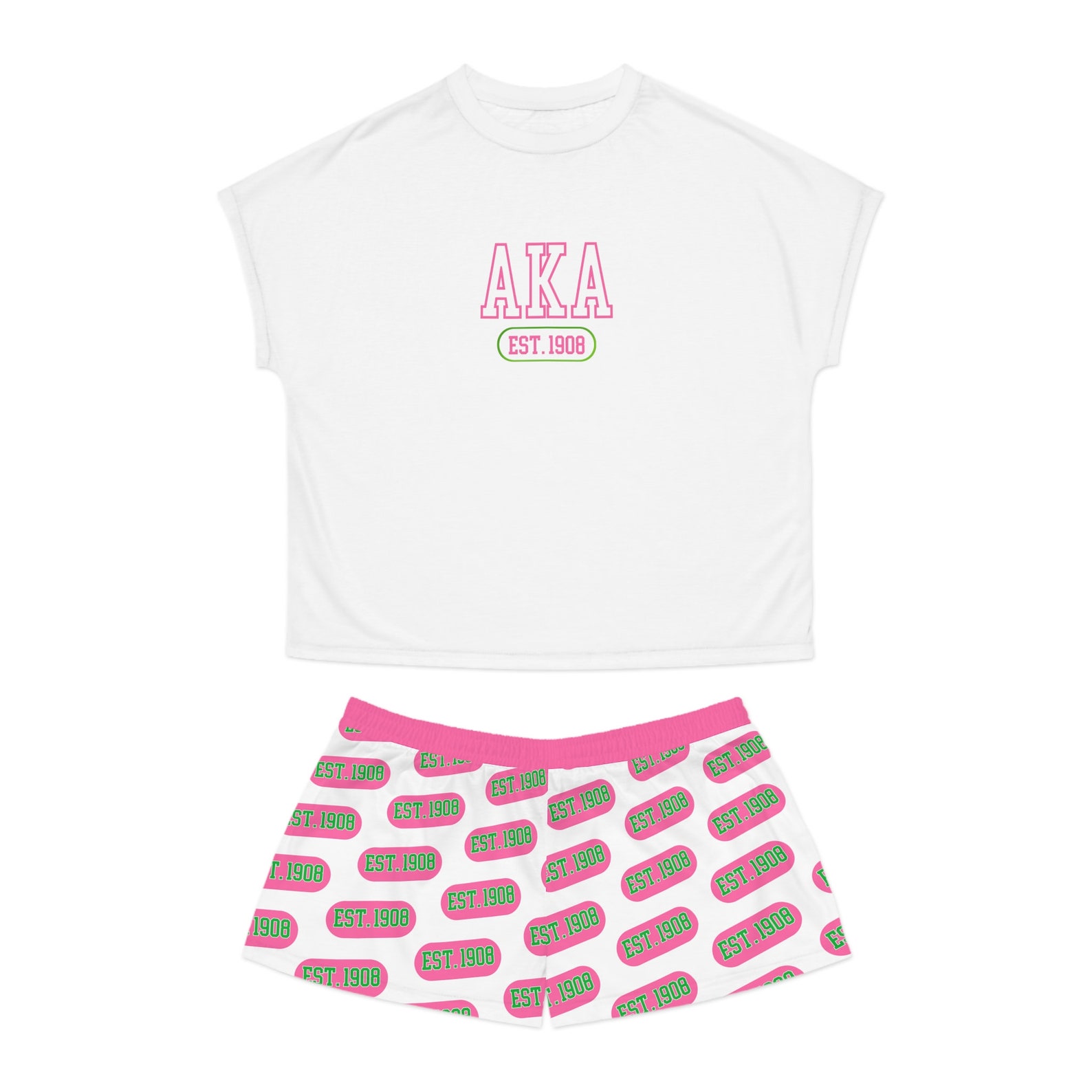 AKA Women's Short Pajama Set Pink & Green Comfy Lounge Wear With Greek ...